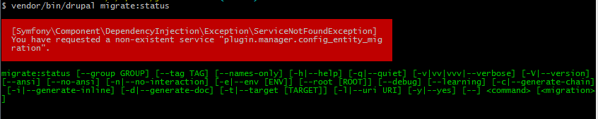 You have requested a non-existent service "plugin.manager.config_entity_migration" [#2929092 ...