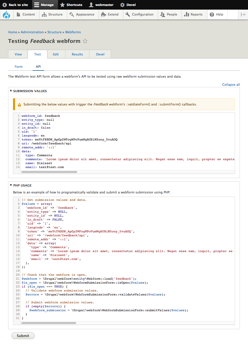 Provide an API to programmatically validate and submit a webform ...