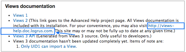 Incorrect URL in "Views documentation" section on Project Page ...