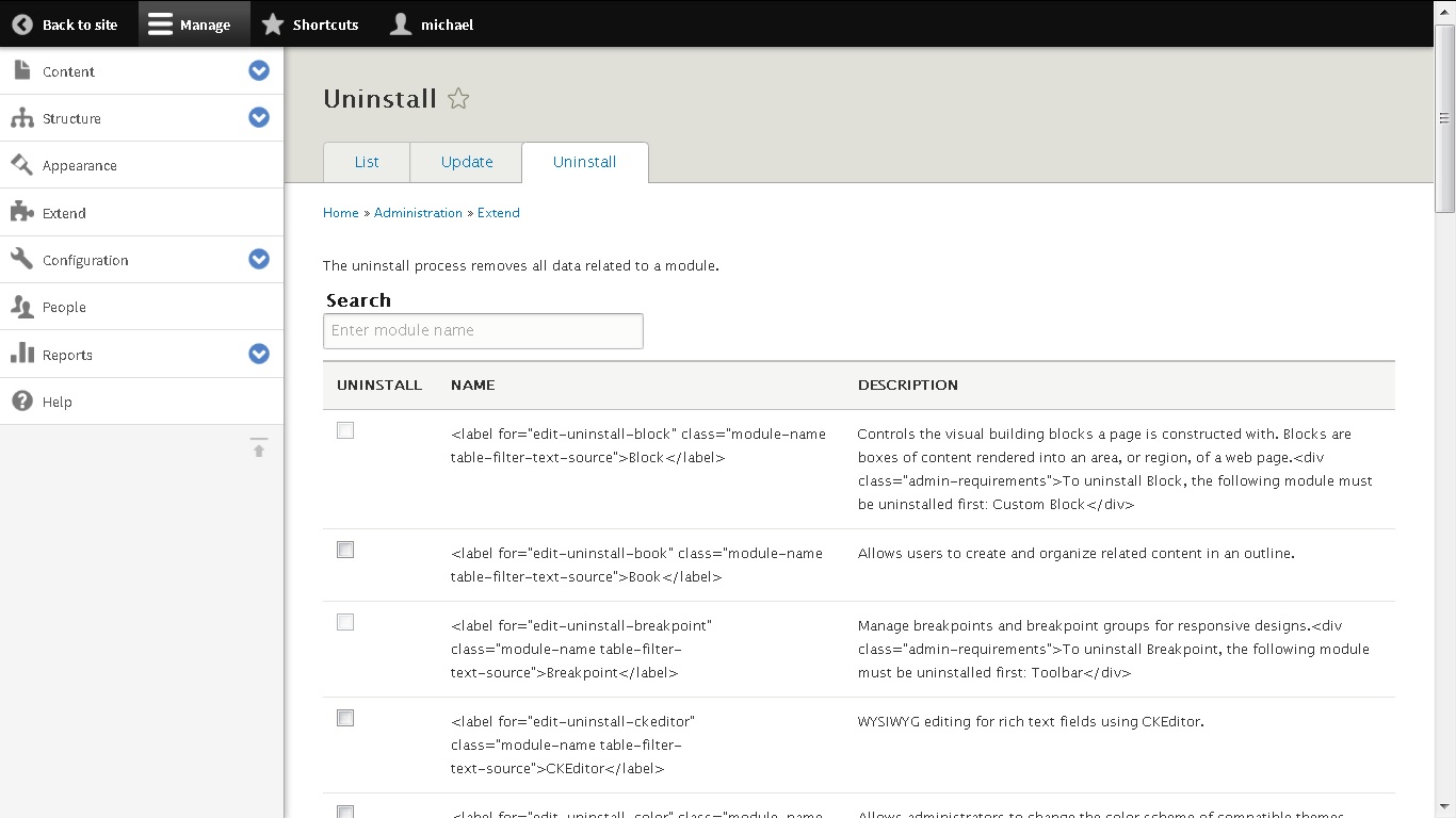 Raw html on uninstall page [#2332701] | Drupal.org