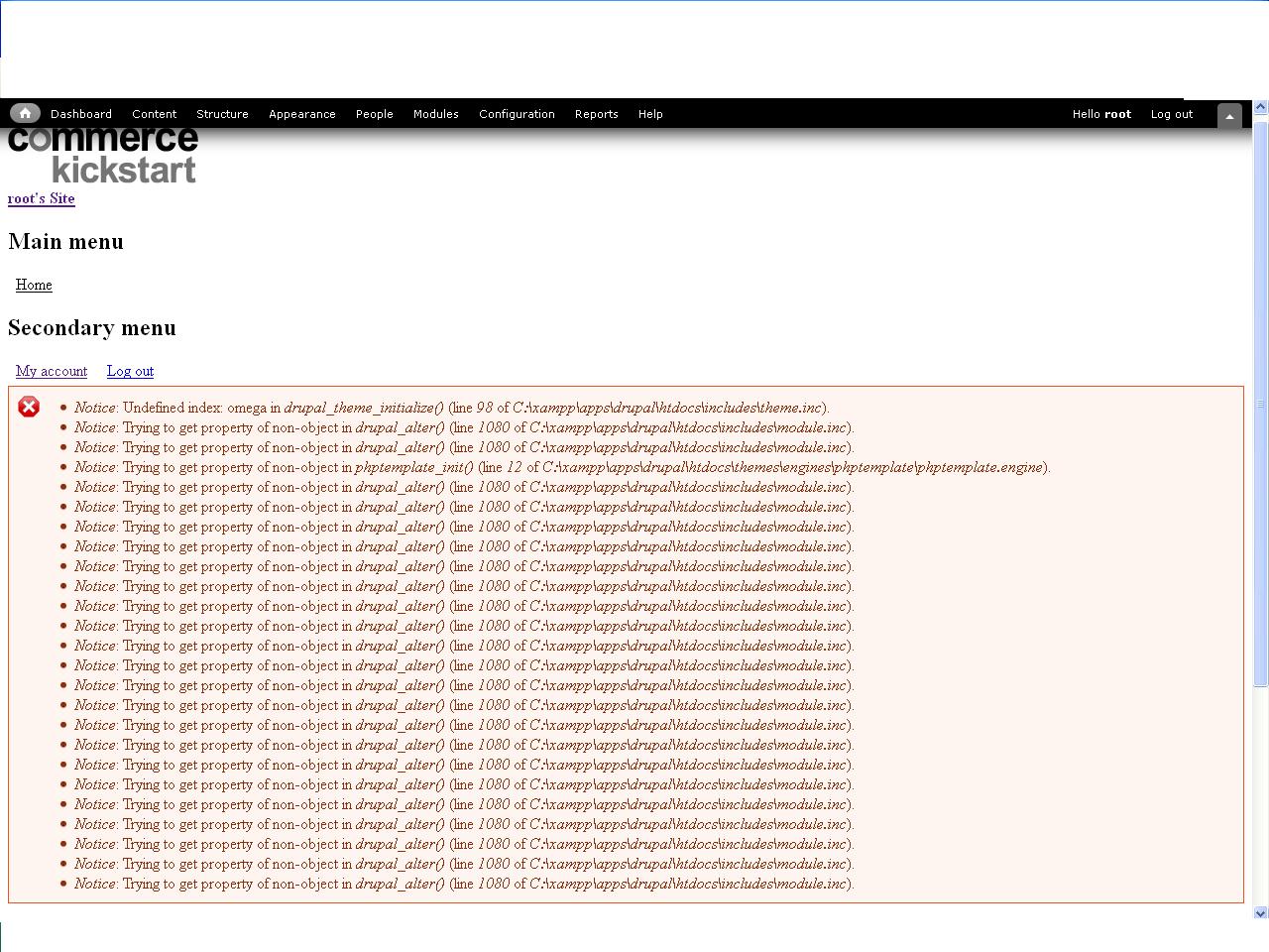 Notice Undefined Index Omega In Drupalthemeinitialize Line 98 Of Cxamppappsdrupal 