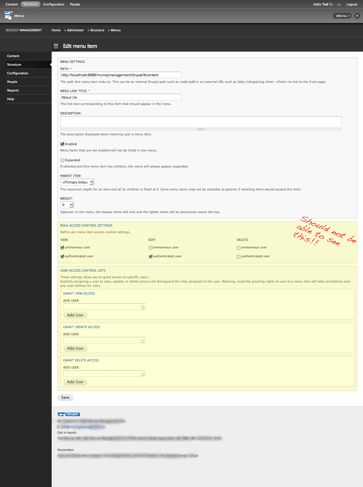 User without permission to do so CAN see menu_item grant settings panel ...