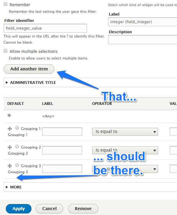 "Add another item" button in the wrong place for grouped filters ...