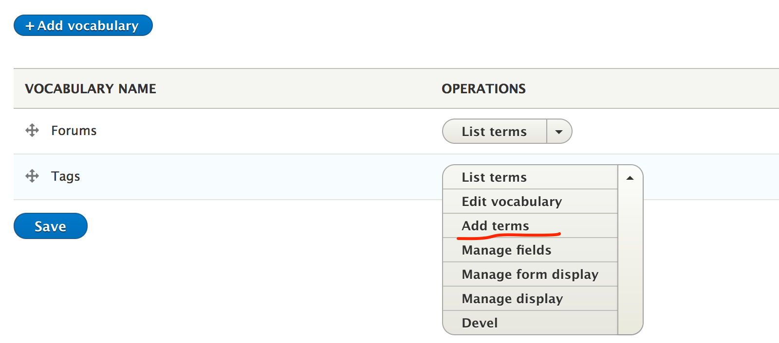 Operation 'add terms' on vocabulary list should respect the access ...