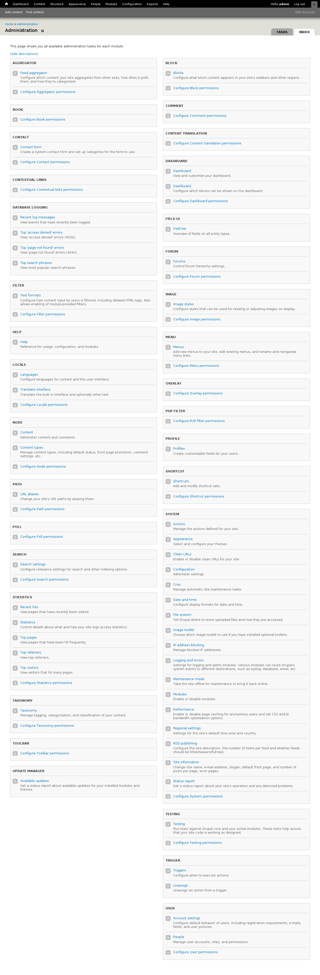 admin/by-task is confusing since it lacks links to config pages and looks similar to admin ...