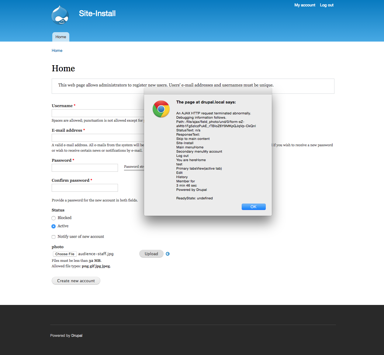 Error on user registration with file fields or ajaxified fields [#2557473] | Drupal.org