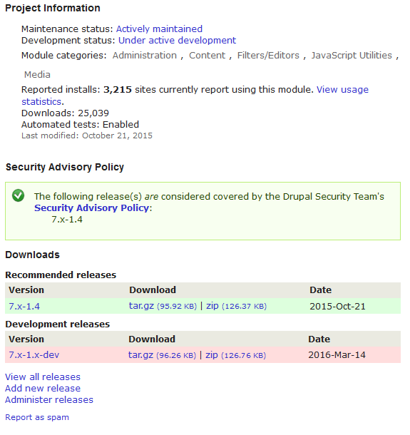 Add information about releases covered by security advisories to project pages near download ...