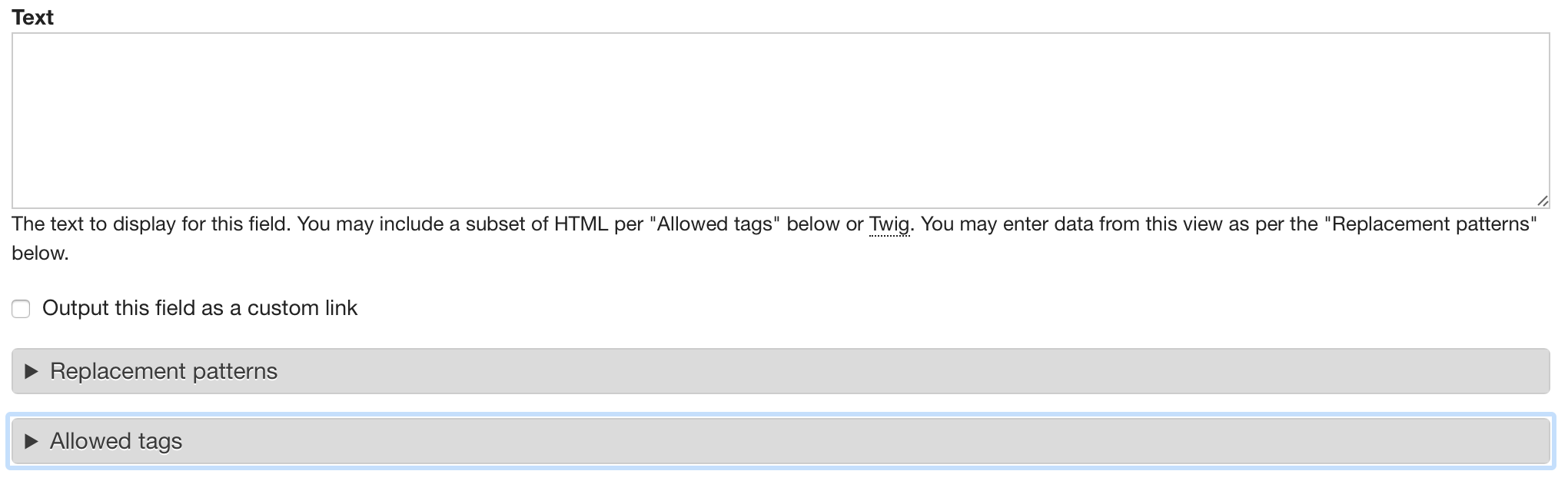 Views content rewrite text says "You may include HTML" but actually allows only a subset ...