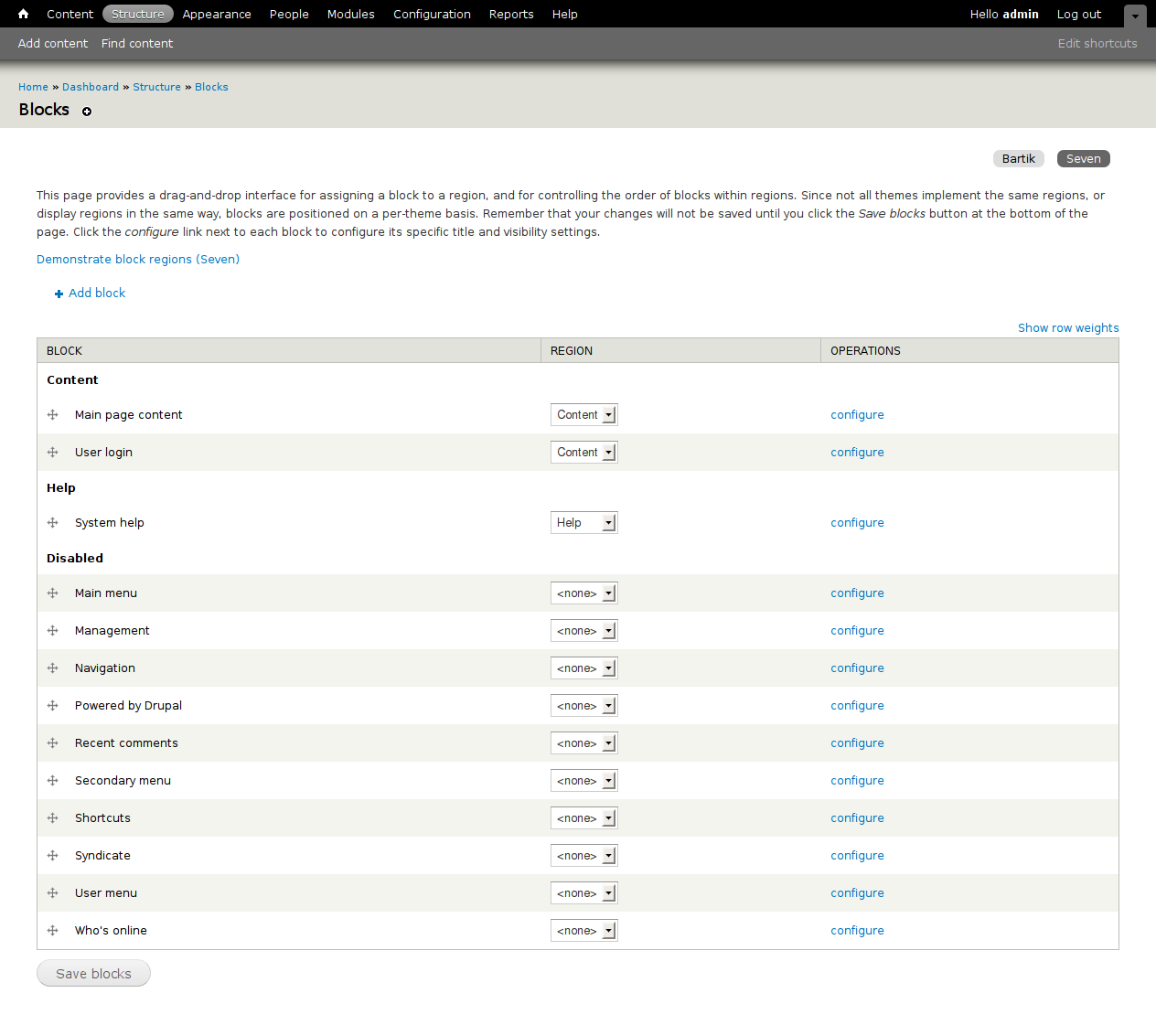 Dashboard blocks and regions should not appear on the main blocks configuration page [#761956 ...