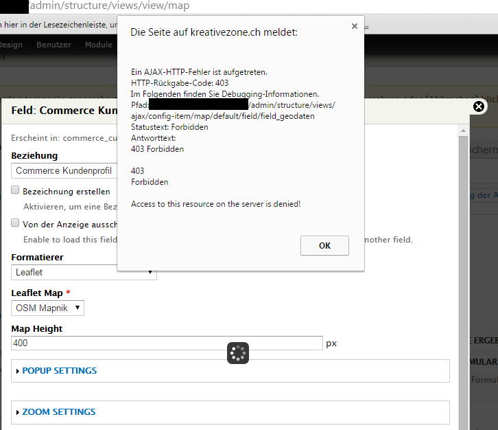 I get a 403 ajax error when trying to change Data Source in "Leaflet Map" Settings in View ...
