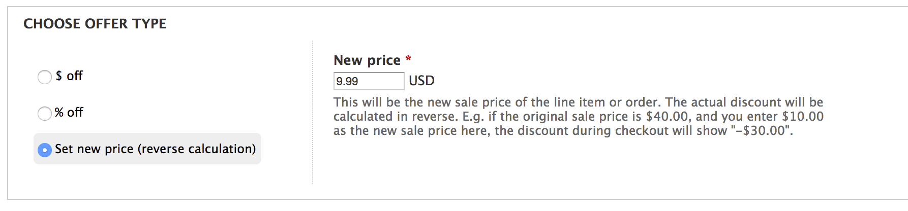 New reverse calculation discount option (set new price) [#2838606] | Drupal.org