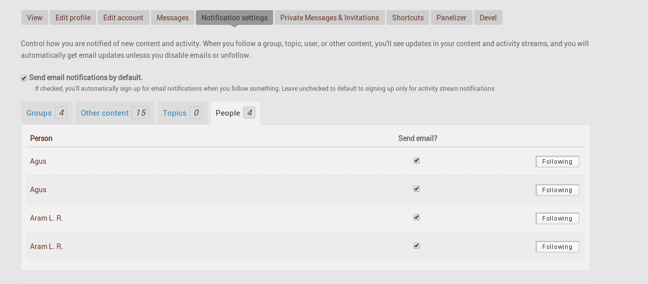 Duplicate users in user notification settings view (commons_follow_user) when send email is ...