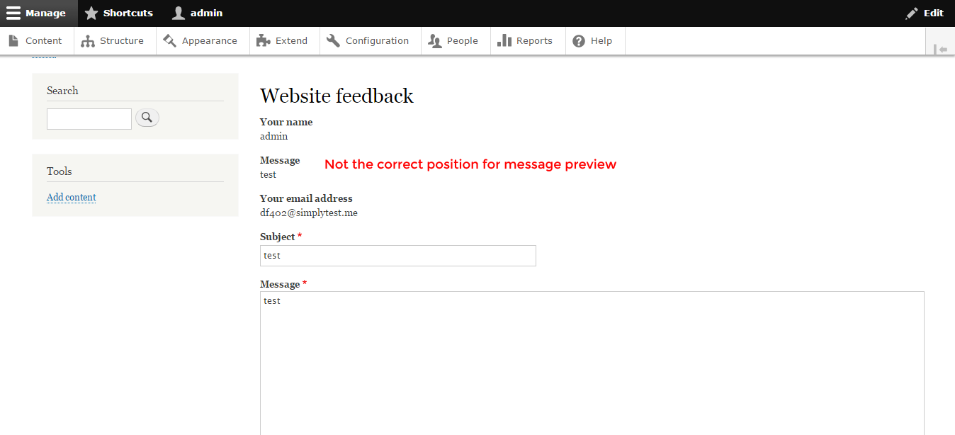 Contact message preview appears at random form position after sorting fields in Manage fields ...