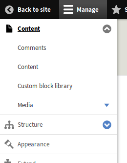 Create a top level, extendable, "Content" admin menu route that behaves ...