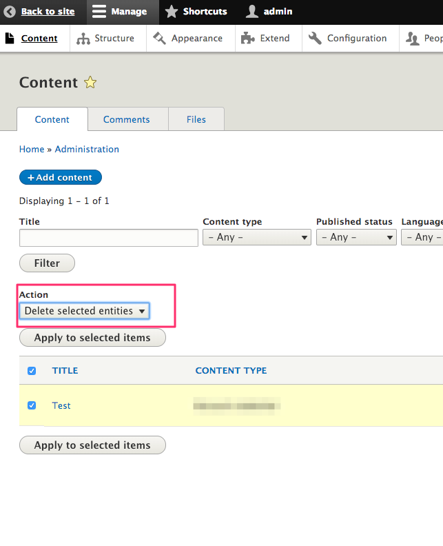 "Delete selected entities" action does not work [#2942937] | Drupal.org