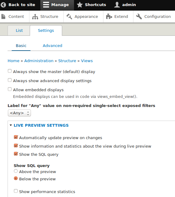 Views UI: Live preview settings: dynamically show/hide the "Show SQL query above/below the ...