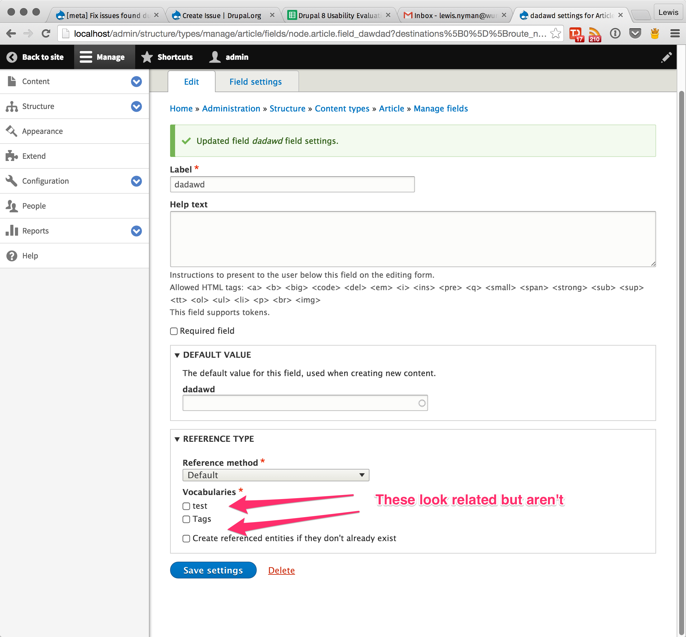 Taxonomy term reference settings form: "Vocabularies" and "Create referenced entities..." look ...