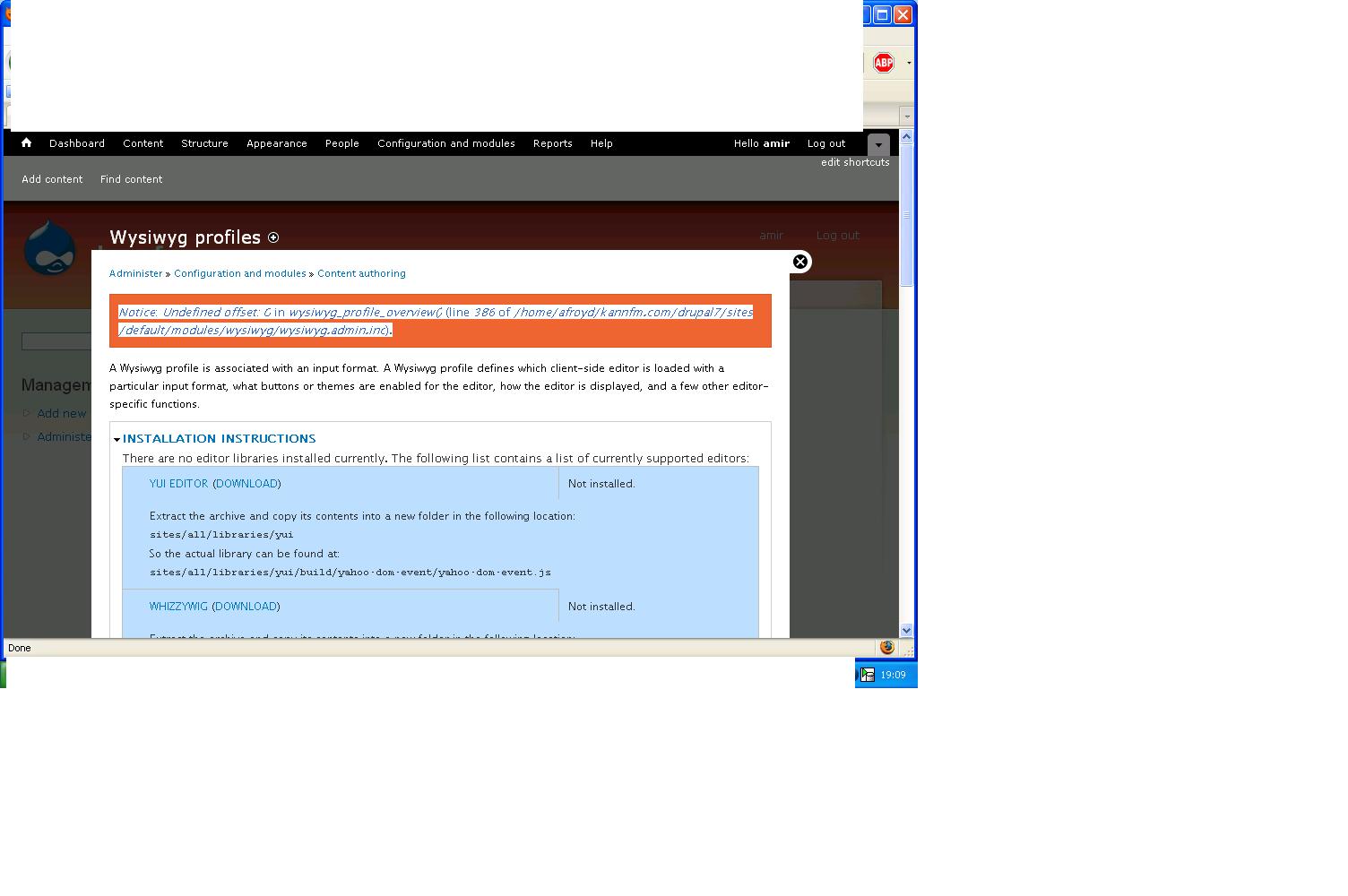 "Undefined offset: 0 in wysiwyg_profile_overview() (line 386" after installation on drupal 7 in ...