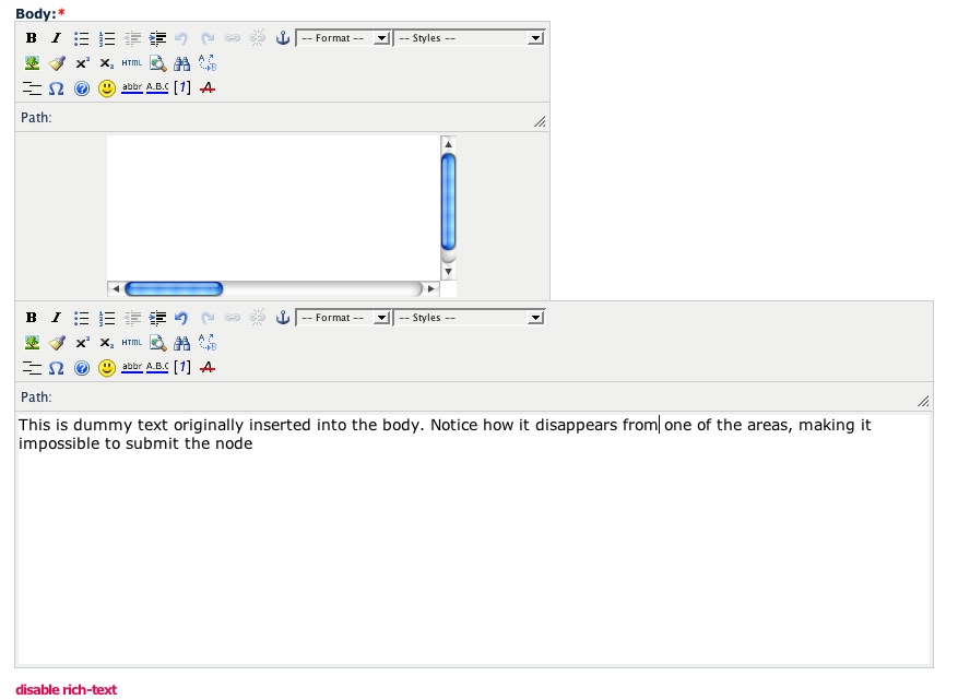 disable/enable rich text toggle stops working [#57034] | Drupal.org