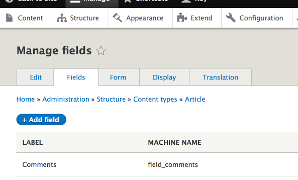 The 'Edit', 'Manage display' and 'Manage form display' tabs were hard ...