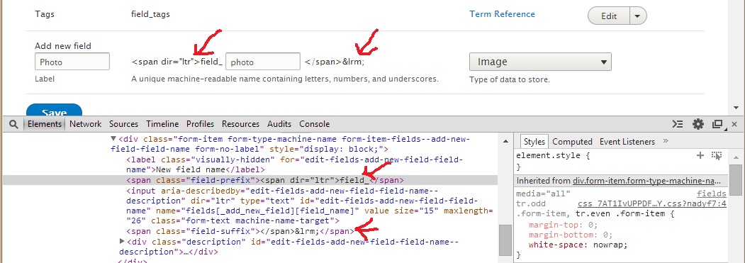 Editing the field machine name results in extra span tags visible to user. [#2322417] | Drupal.org