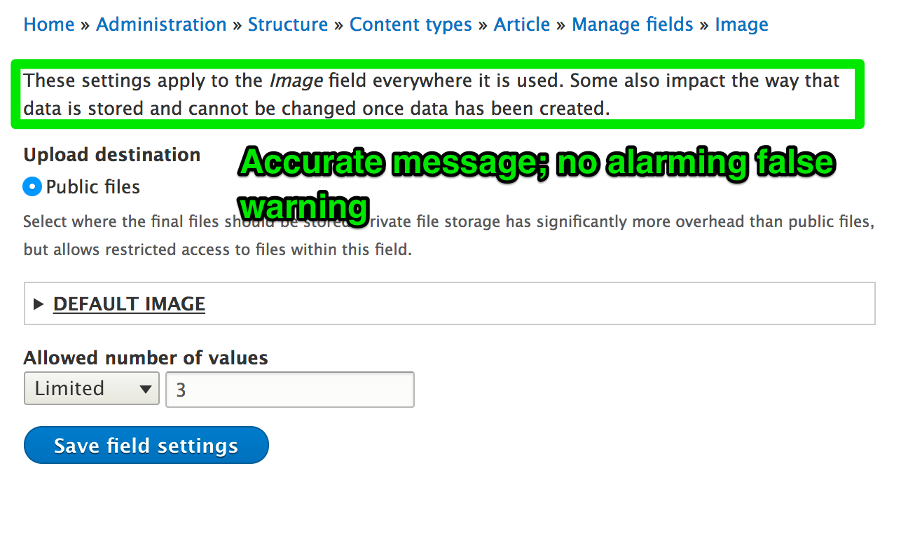 Field storage settings give a scary red warning that they can't be changed when the cardinality ...