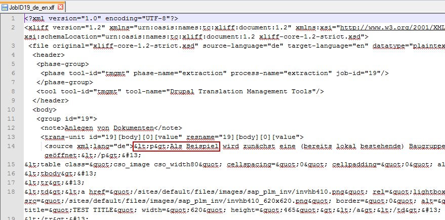 Without 'Extended XLIFF processing' review shows eg