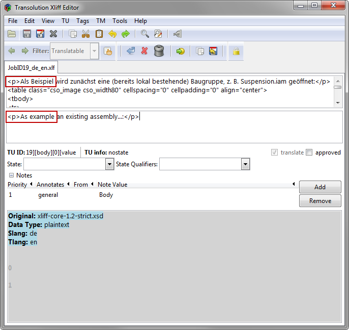 Without 'Extended XLIFF processing' review shows eg