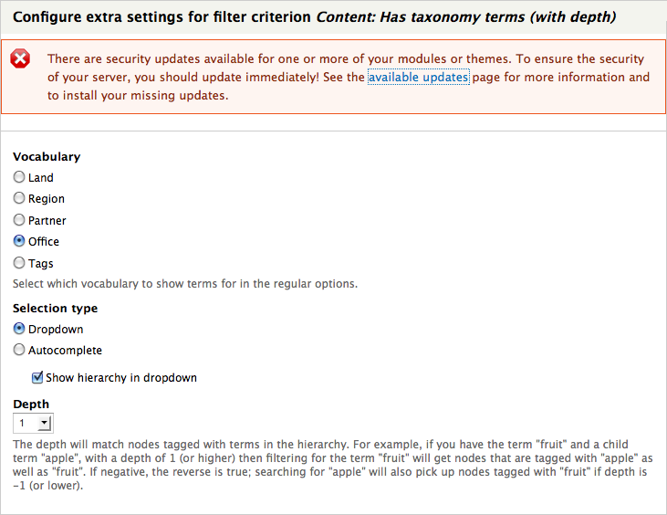Filter Has taxonomy terms (with depth) not working as expected [#1239636] | Drupal.org