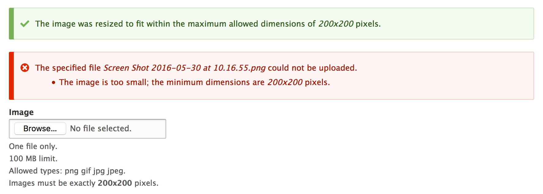 Persistent error message when uploading image [#2736663] | Drupal.org