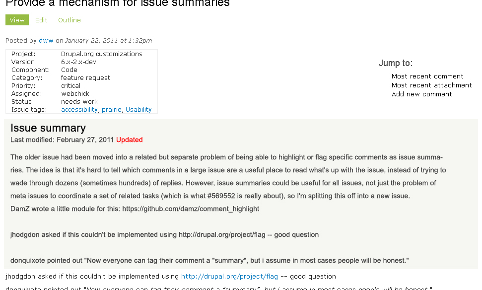Provide a mechanism for issue summaries [#1036132] | Drupal.org