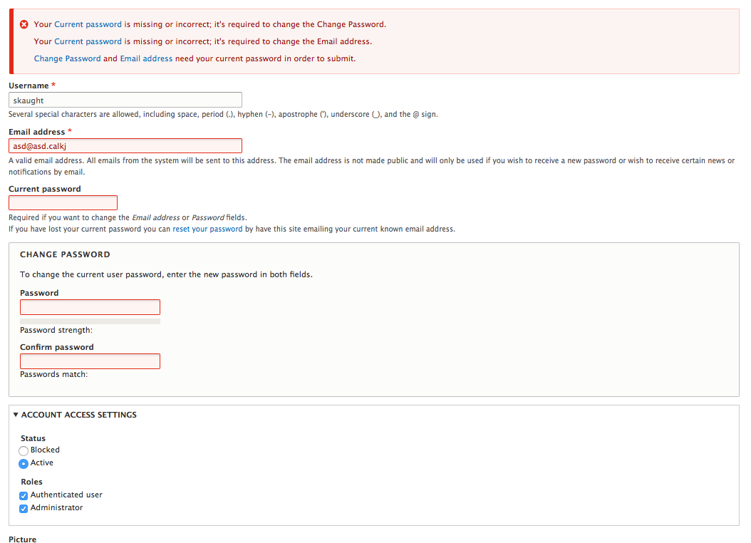Inline form error reporting problems for the current password on the user profile form [#2514730 ...