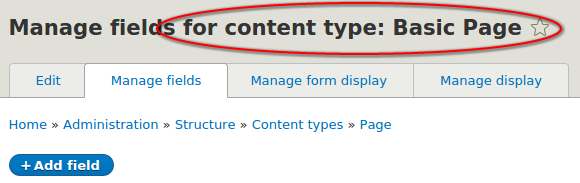 [regression] Pages Manage Fields, Manage form, Manage display should include name of content ...