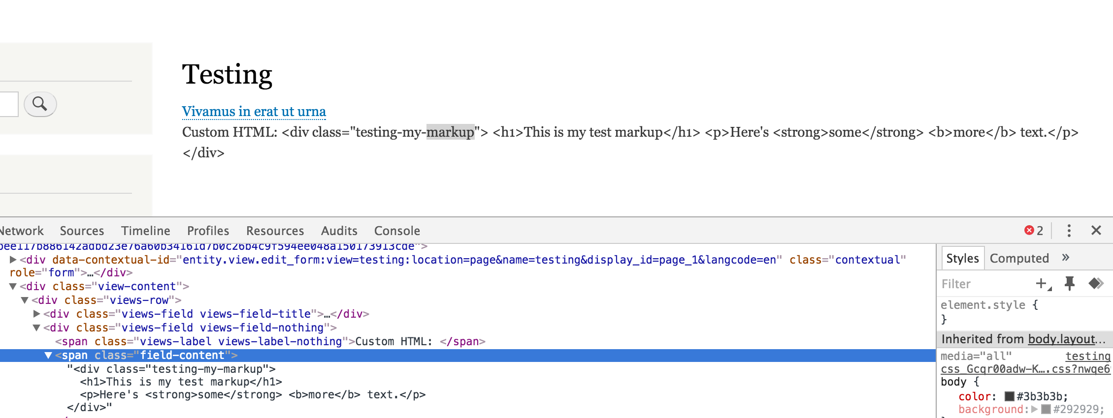 Outputting markup from custom text field is not possible [#2579427] | Drupal.org