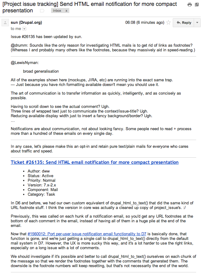 Send HTML email notification for more compact presentation [#2067659] | Drupal.org