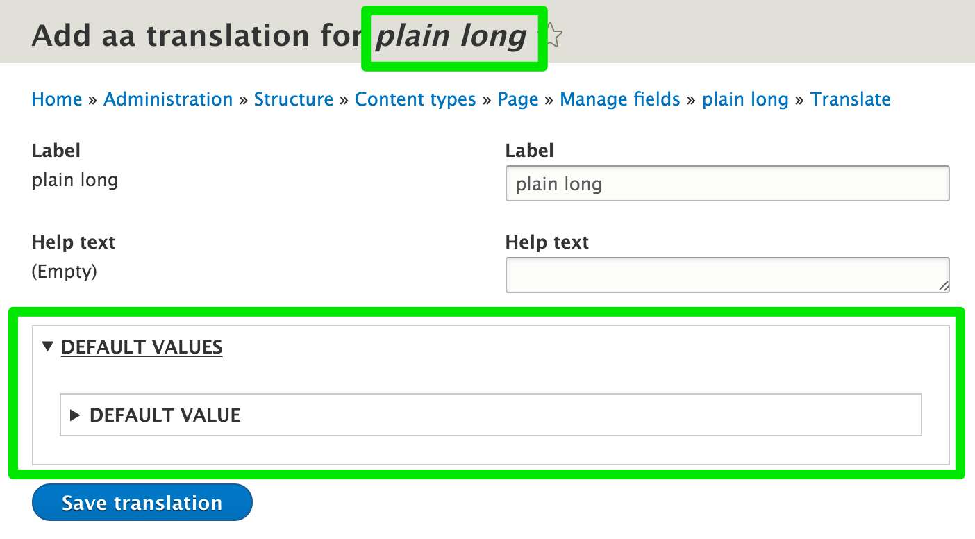 Plain text field default value is not translatable [#2712835] | Drupal.org
