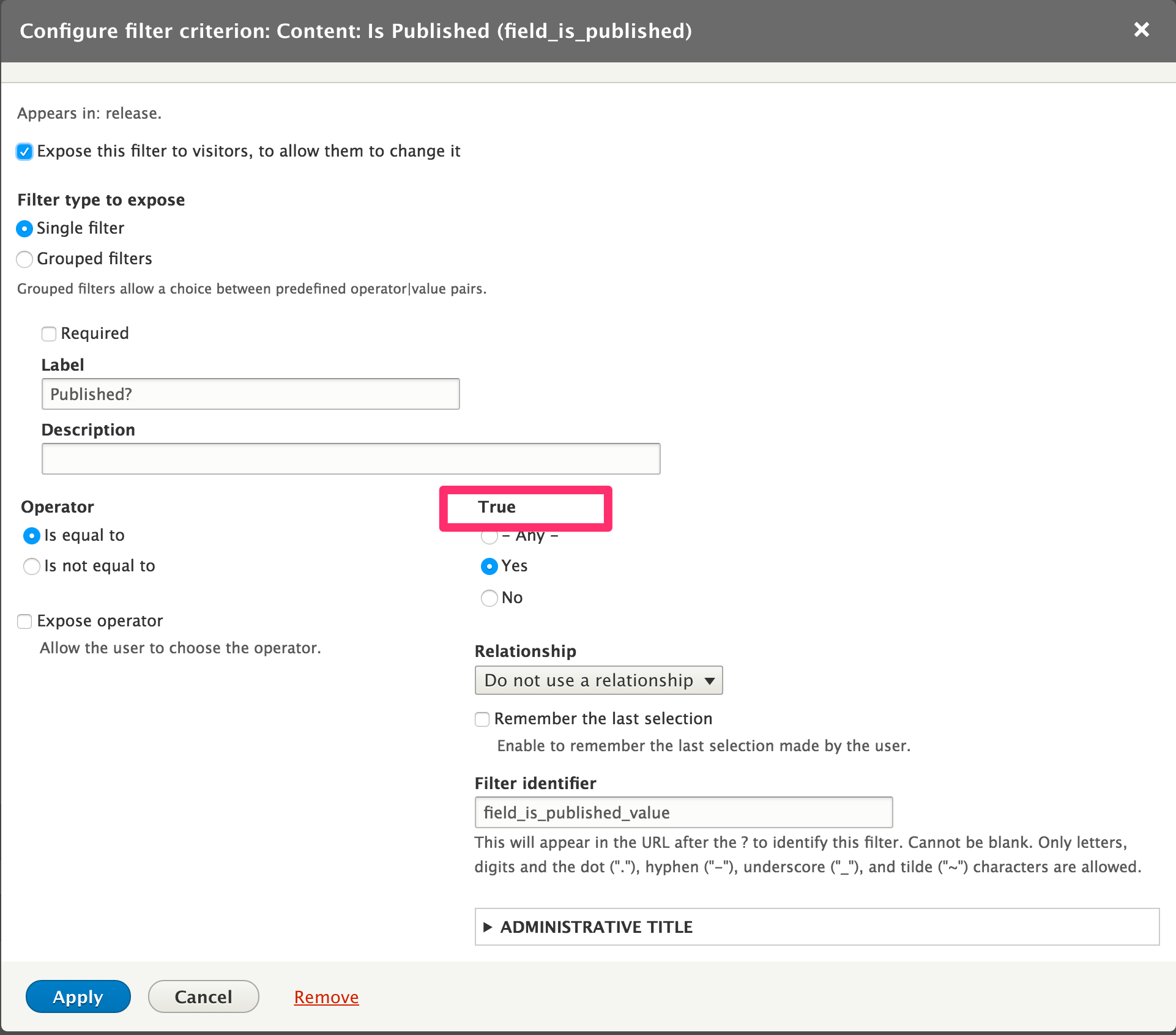 Boolean exposed filter value widget just shows 'True' label [#2732091] | Drupal.org