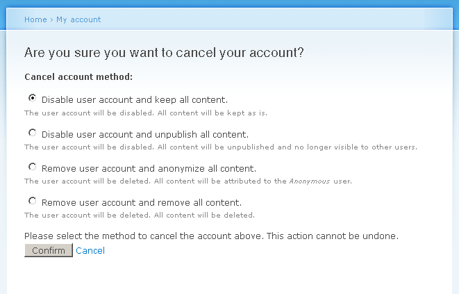 Let users cancel their accounts [#8] | Drupal.org