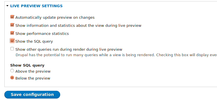 Views UI: Live preview settings: dynamically show/hide the "Show SQL query above/below the ...