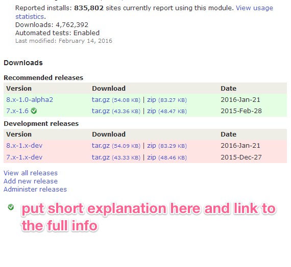 Add information about releases covered by security advisories to project pages near download ...