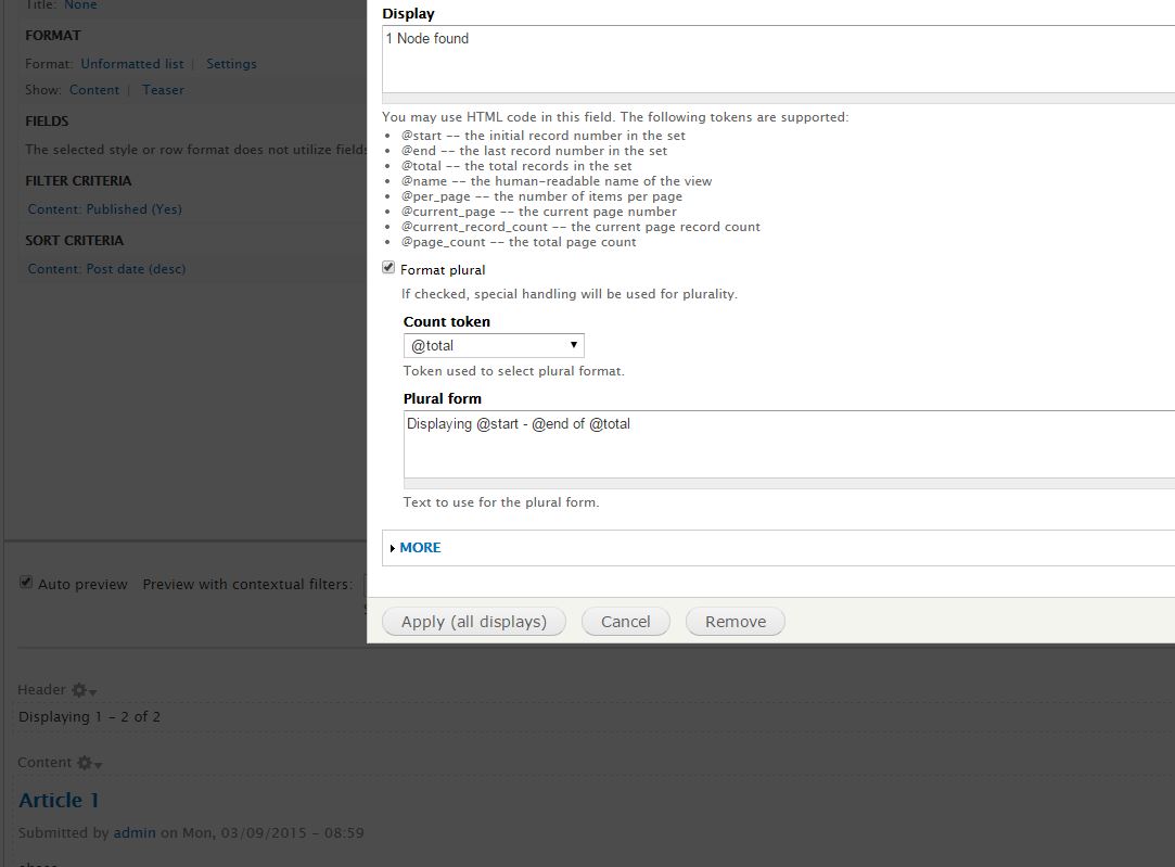 Add plural format to views_handler_area_result [#1793500] | Drupal.org