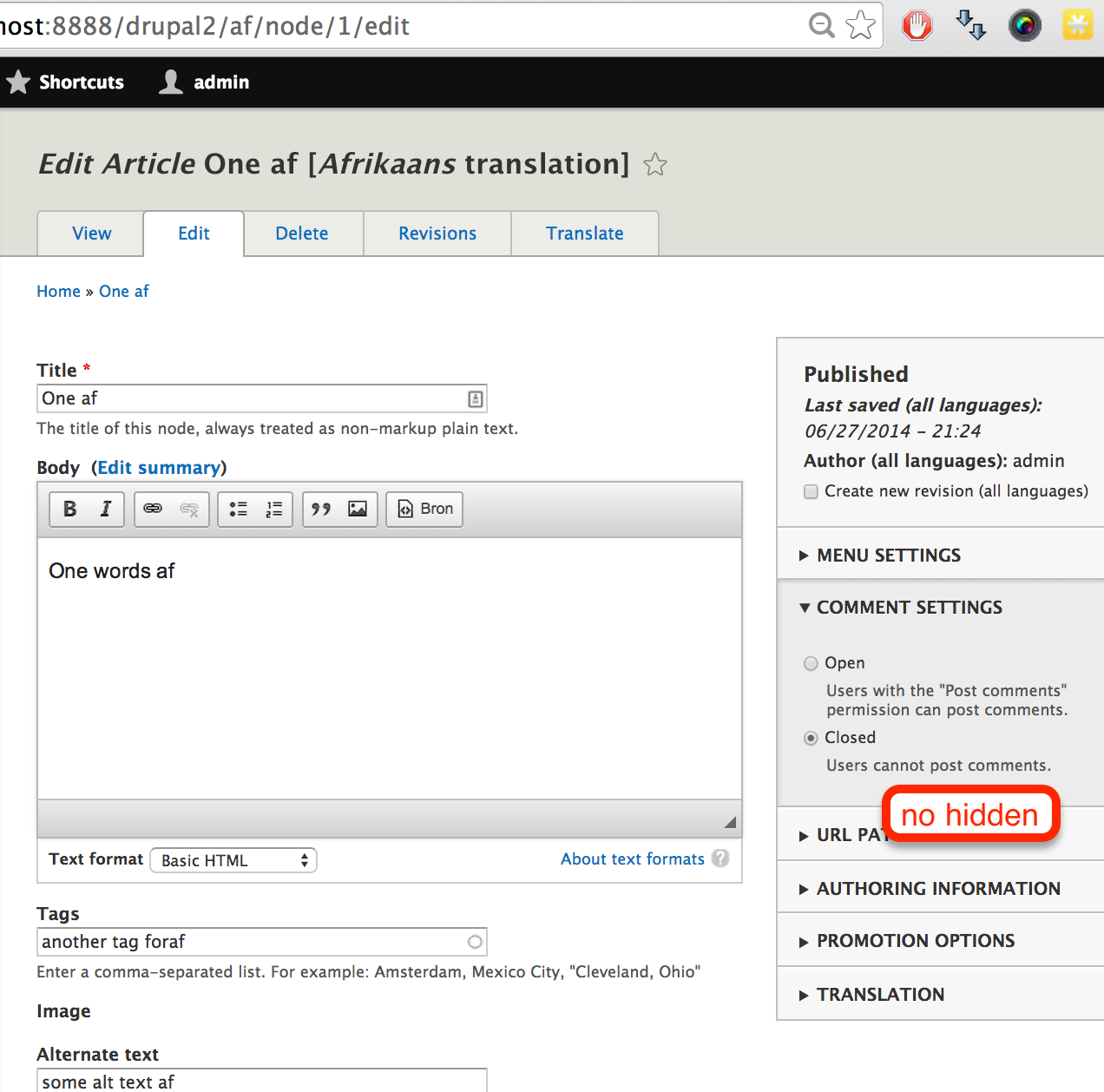 Translations of nodes with comment settings field set to translatable are missing hidden choice ...