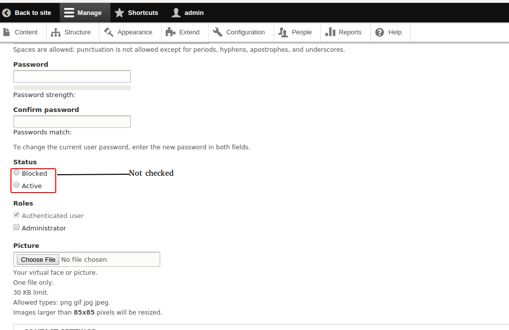 User edit form status radio buttons empty if user status is blocked [#2513576] | Drupal.org