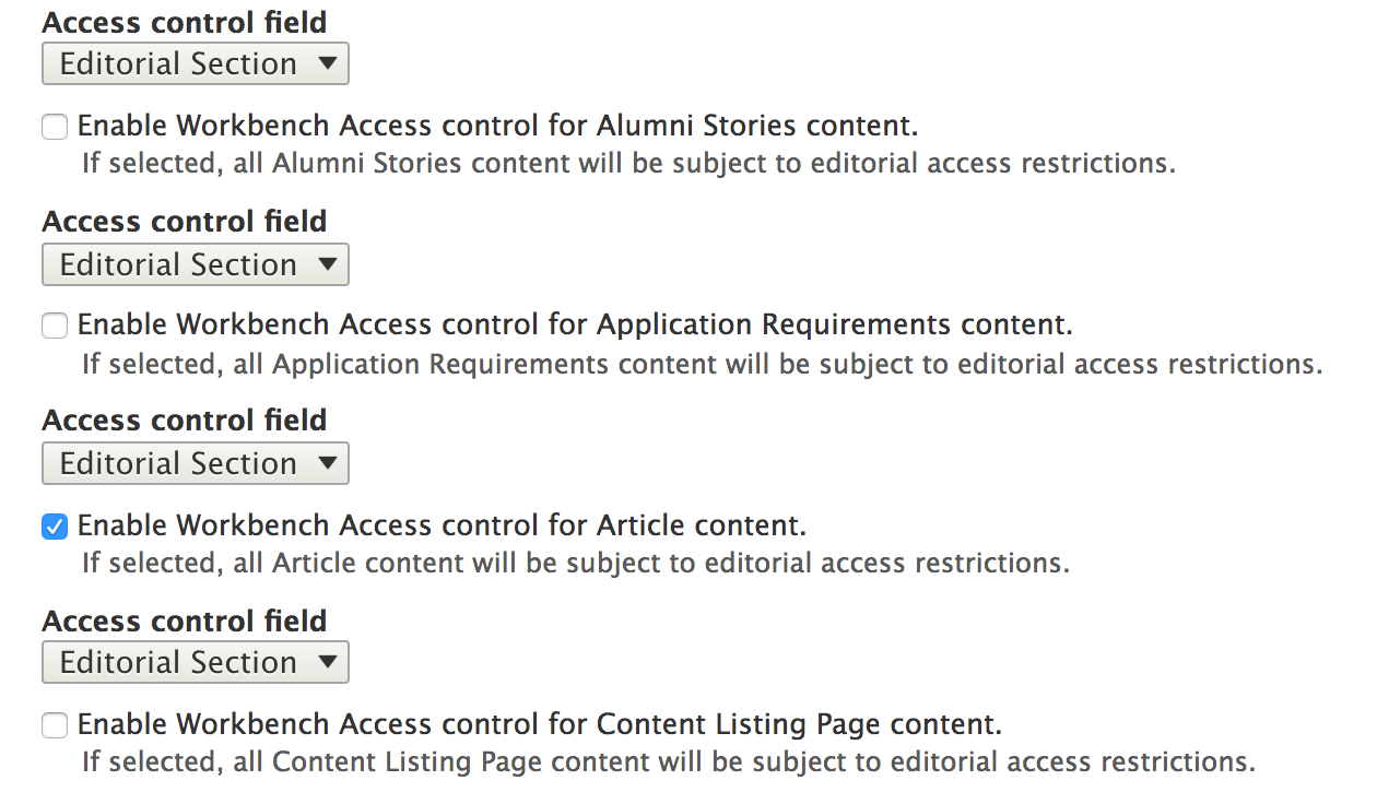 If a content type that is subject to workbench access is not assigned to any section, workbench ...