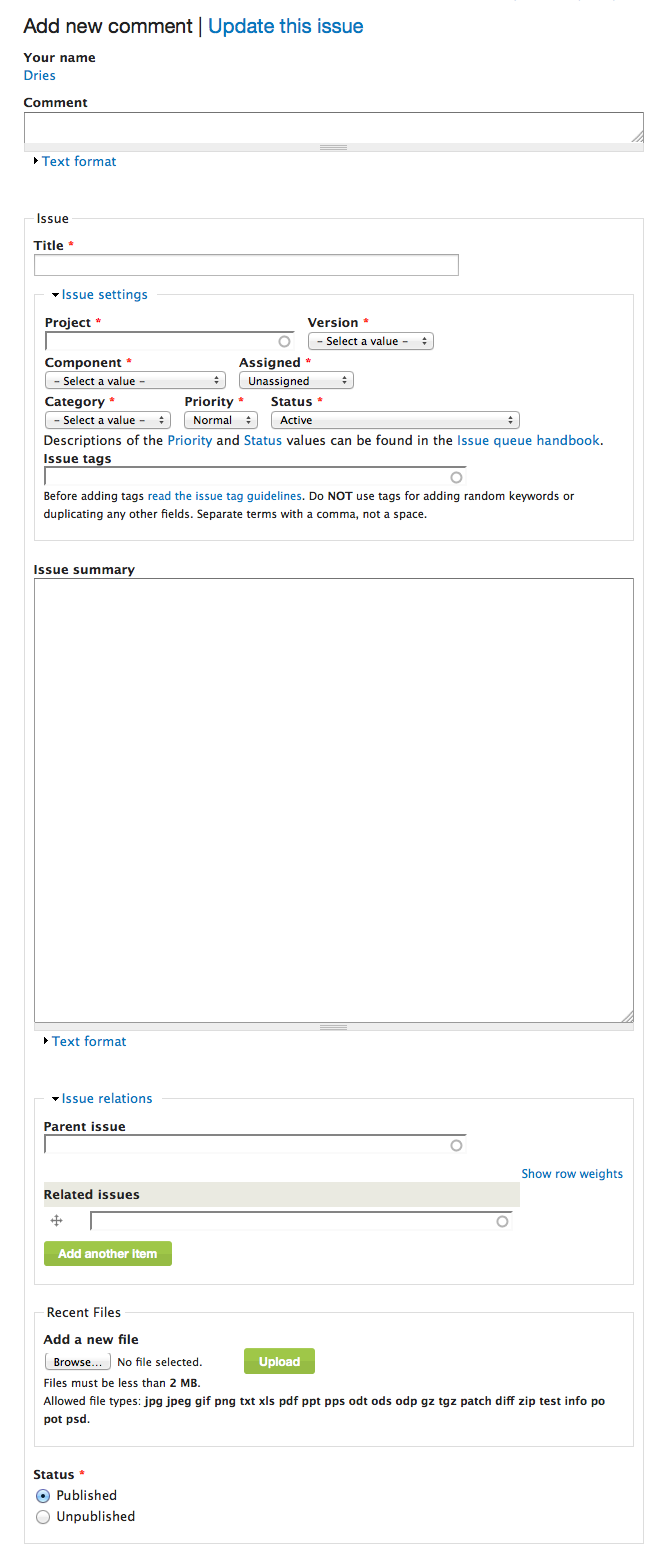 Display parts of the issue edit form instead of the comment form on issue pages [#2159813 ...