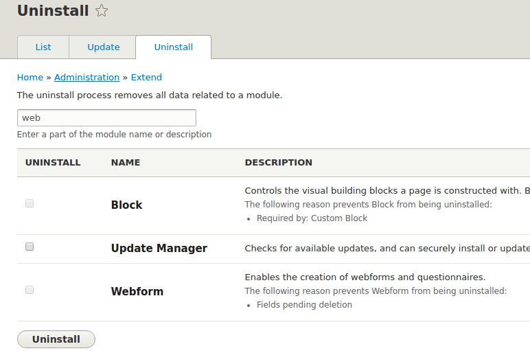 Uninstall webform [#2874153] | Drupal.org