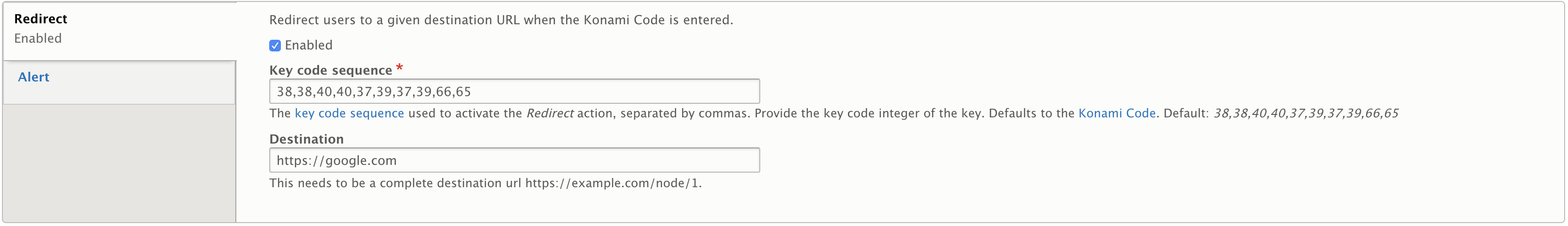 Action: Redirect | Konami Code | Drupal Wiki guide on Drupal.org Action: Redirect | Konami Code | Drupal Wiki guide on Drupal.org