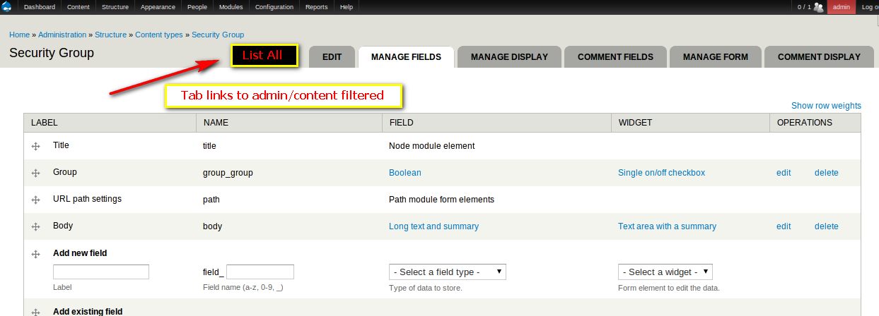Usability: Add "List All" tab to list all content when managing the entity settings [#1470650 ...