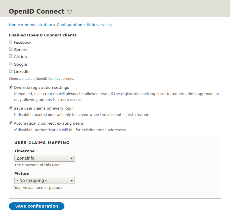 Configuration | OpenID Connect | Drupal Wiki guide on Drupal.org Configuration | OpenID Connect | Drupal Wiki guide on Drupal.org