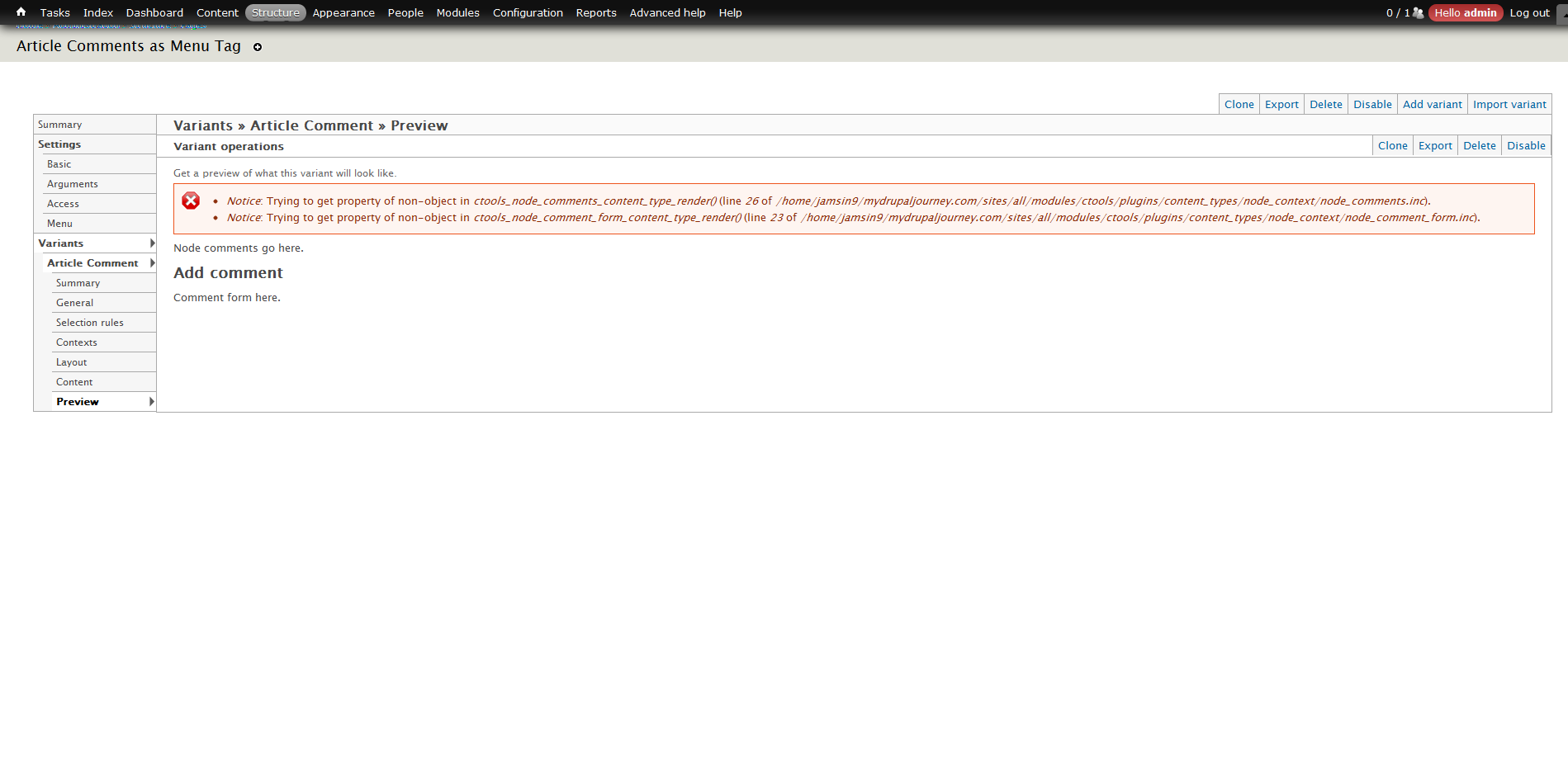 Notice: Trying to get property of non-object in ctools_node_comment_form_content_type_render ...
